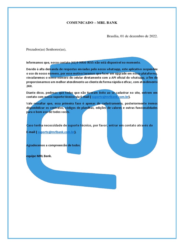 MRL Bank comunica suspensão WhatsApp e nova forma de atendimento | PDF