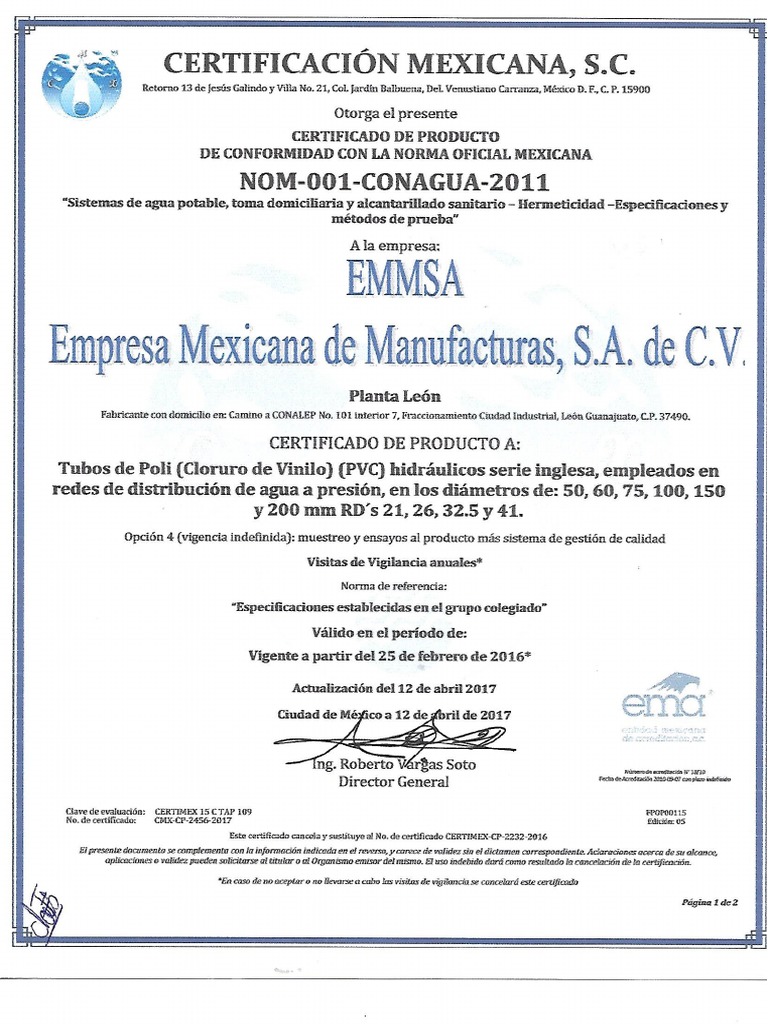 Certificado de Calidad Tuberia PVC | PDF