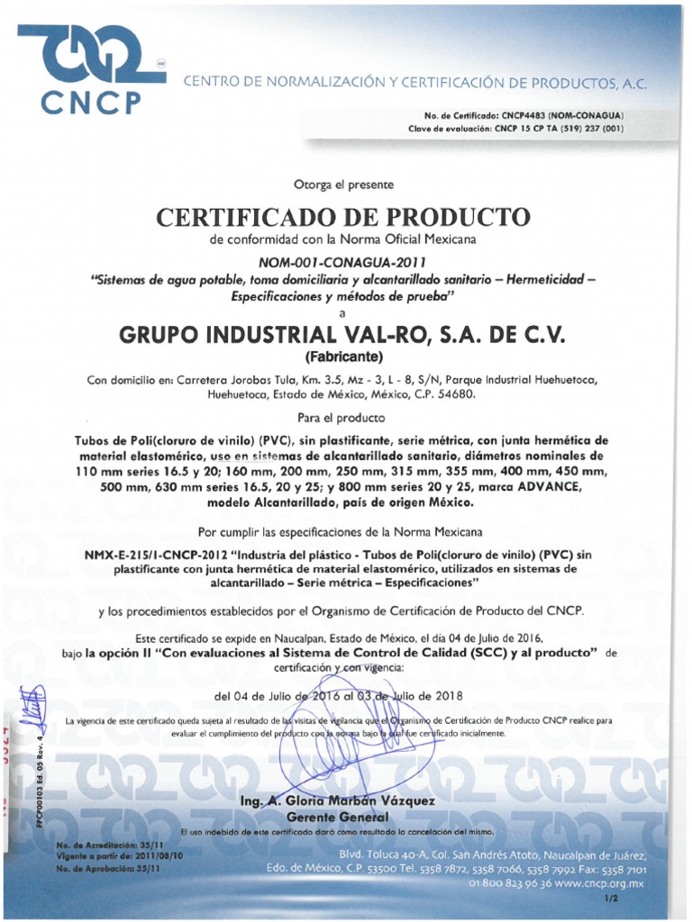 Certificado de Calidad Tuberia Alcantarillada | PDF
