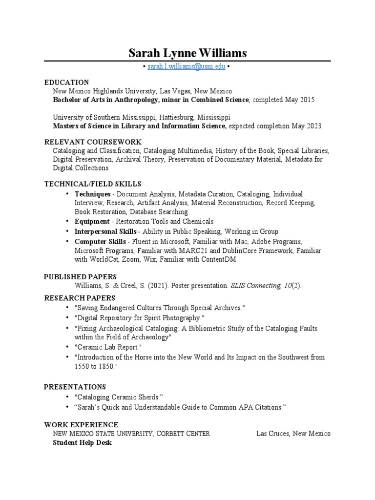Sarah Lynne Williams CV For Portfolio | PDF | Libraries | Metadata