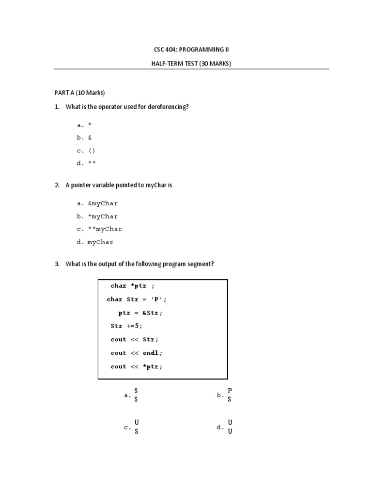 Csc404 Exam 1 Pdf Array Data Structure Pointer Computer Programming 
