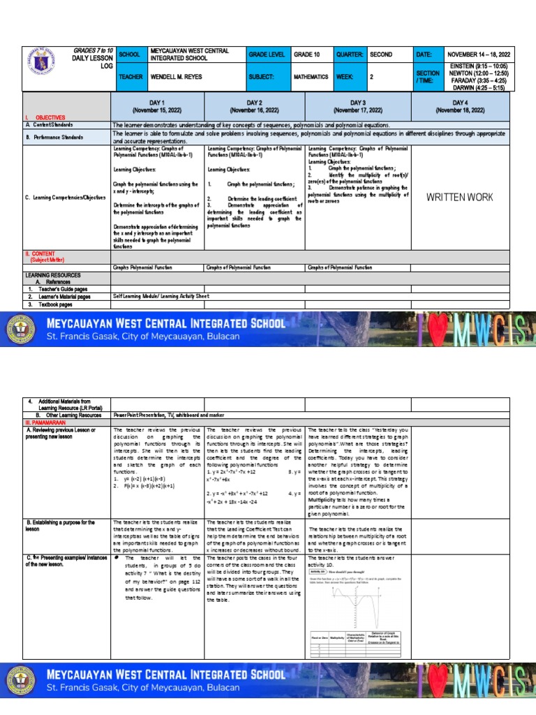MATH10 QUARTER 2 Week 2 DLL | PDF | Polynomial | Function (Mathematics)