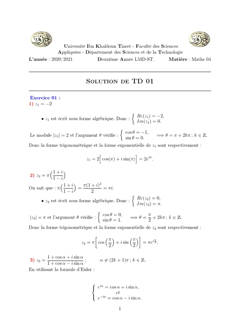 Sol-Td 01-Maths 04 | Descargar gratis PDF | Fonction holomorphe | Enseignement des mathématiques