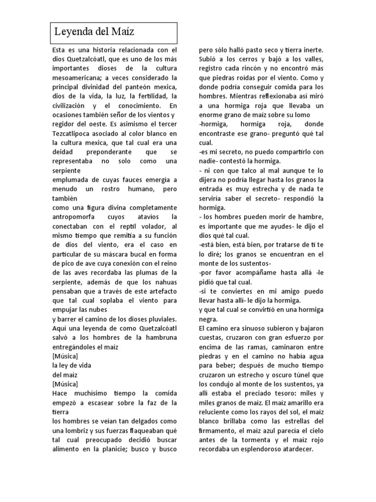 La leyenda del maíz y Quetzalcóatl | PDF | Ciencias sociales | Historia
