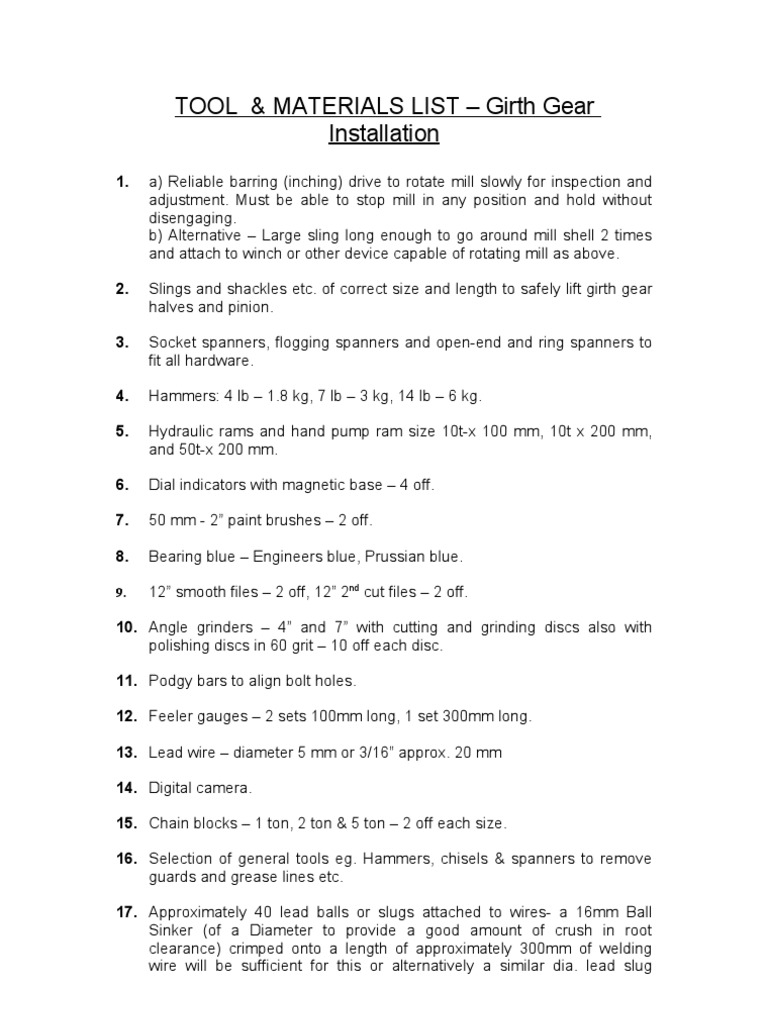 Tool and Material List-Girth Gear Install | PDF