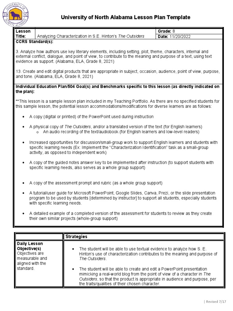 The Outsiders Characterization Lesson Plan | PDF | Lesson Plan ...