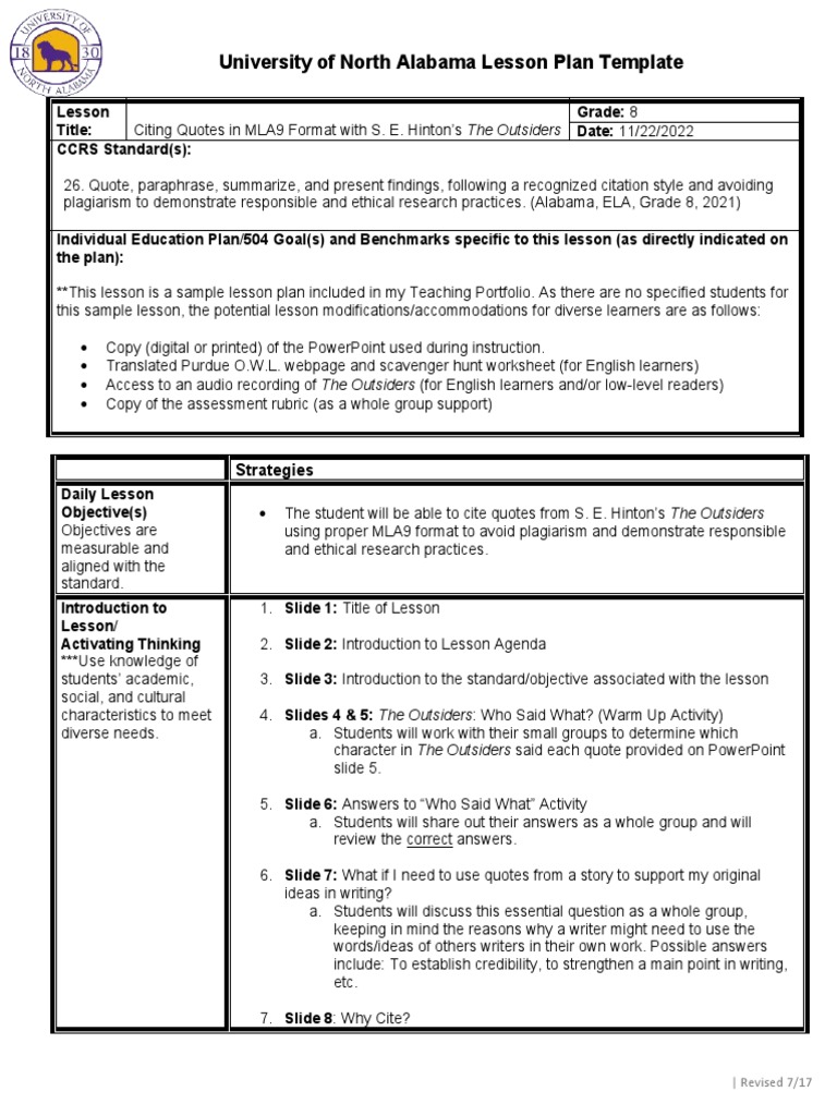 Citing Quotes in Mla9 Format The Outsiders Lesson Plan VW | PDF ...