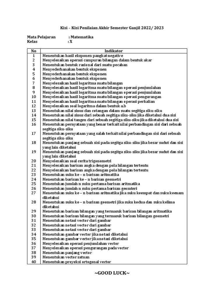 Kisi - Kisi PAS Ganjil X | PDF