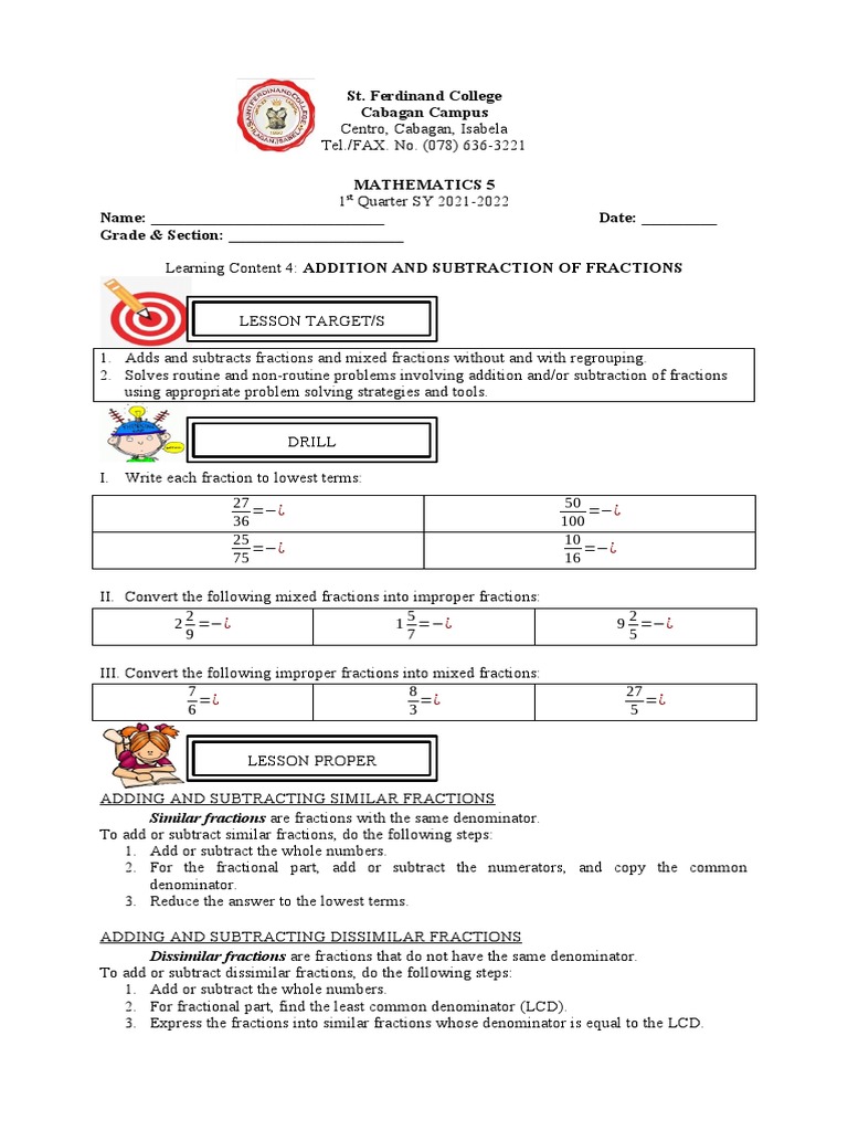 Adding and Subtracting Fractions: A Mathematics Lesson on Converting ...