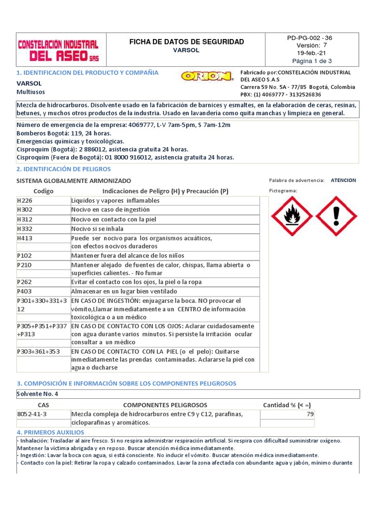 Pd-pg-002-36 Fds Varsol Orion v7 | PDF | Agua | Toxicidad