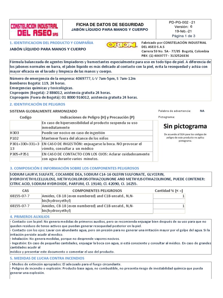 PD-PG-002-21 FDS Jabon Liquido para Manos y Cuerpo Orion V6 | PDF | Agua | Química