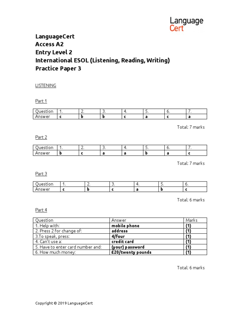 LanguageCert PP3 A2 IESOL Ms | PDF