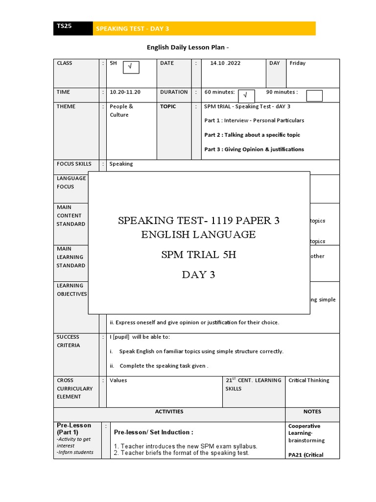Fri - 5H - Eng - 14.10. 2022 - Speaking Test - DAY 3 | PDF | Teachers ...