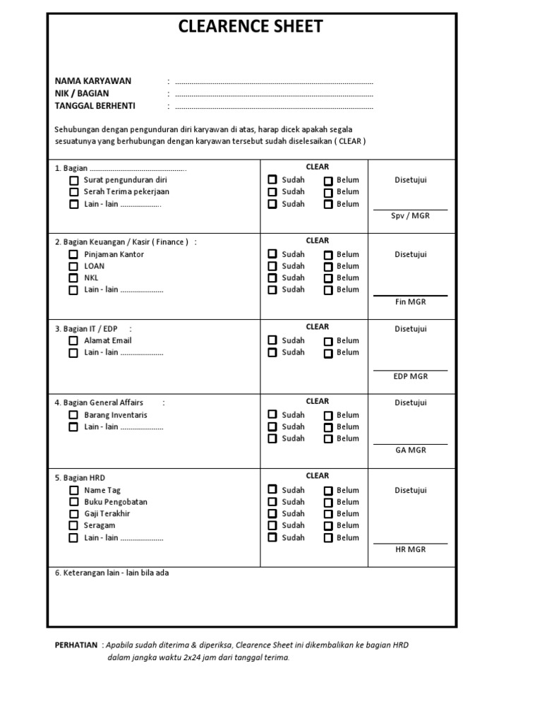 Clearence Sheet: Nama Karyawan Nik / Bagian Tanggal Berhenti | PDF