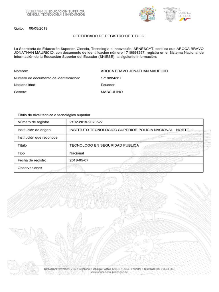 Registro de título técnico de Seguridad Pública de Jonathan Aroca Bravo ...