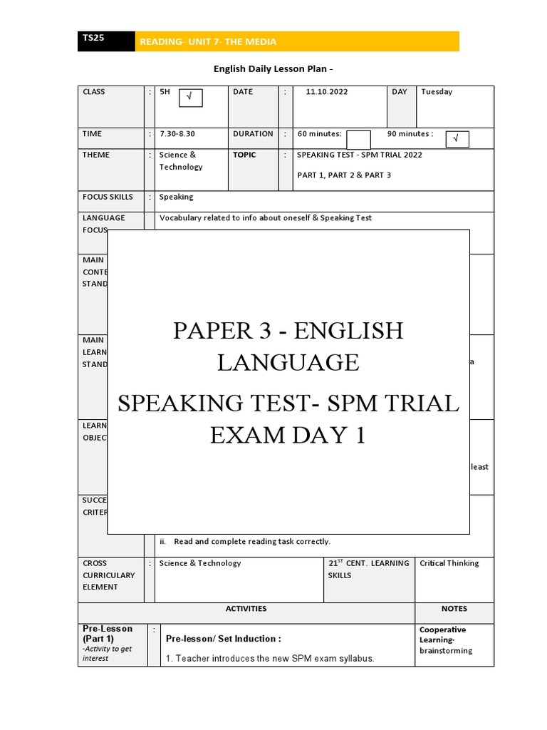 Tue - 5H - Eng - 11.10. 2022 - Speaking Test - SPM Trial | PDF ...