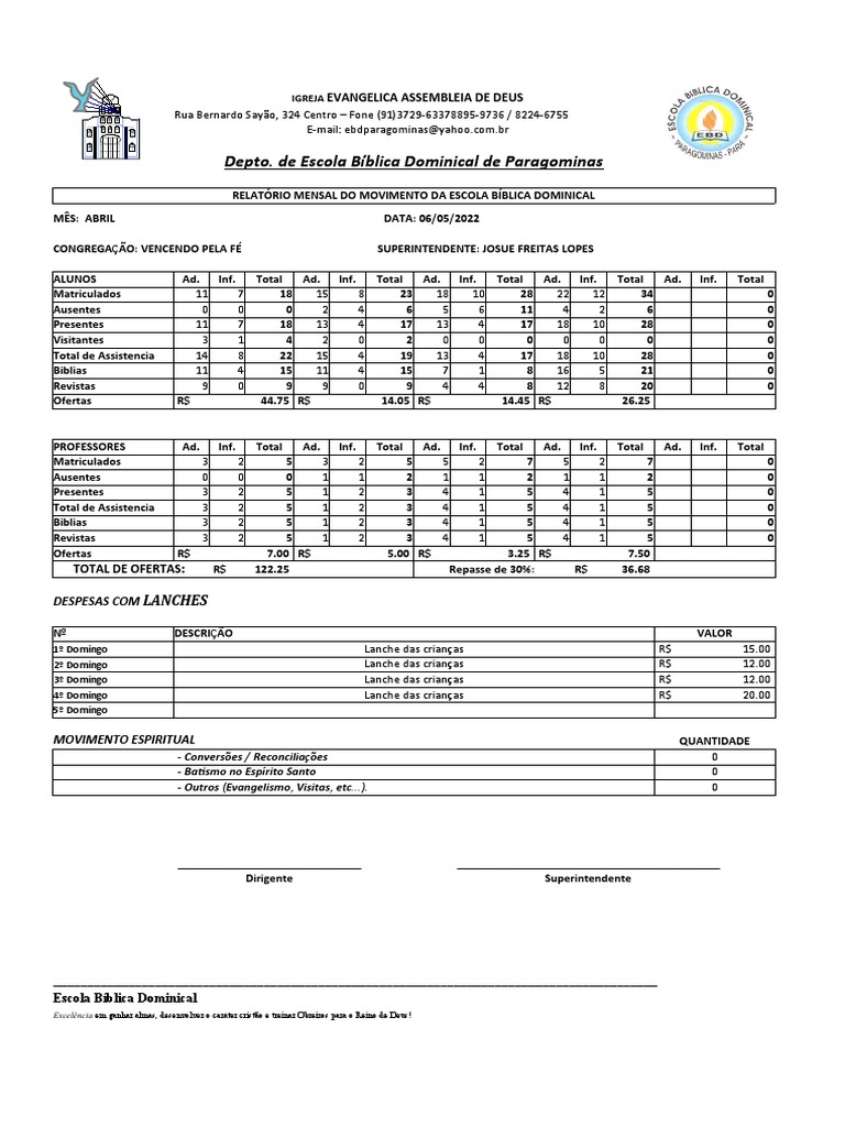 Relatorio ABRIL EBD Modelo em Excel | PDF