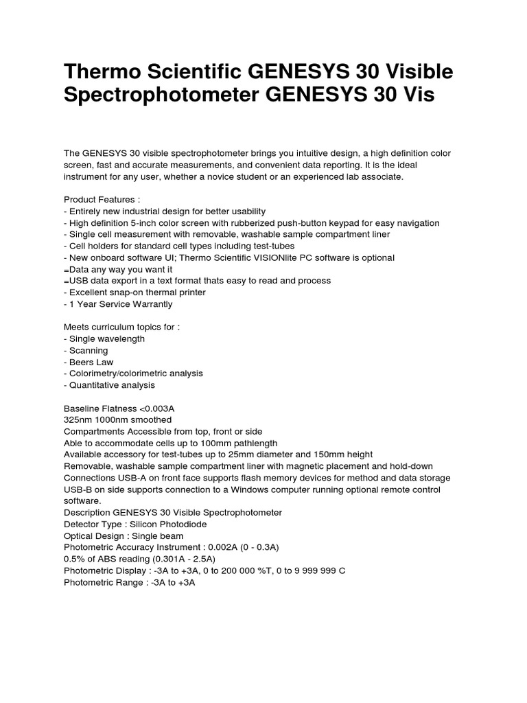 Thermo Scientific GENESYS 30 Visible Spectrophotometer GENESYS 30 Vis | PDF