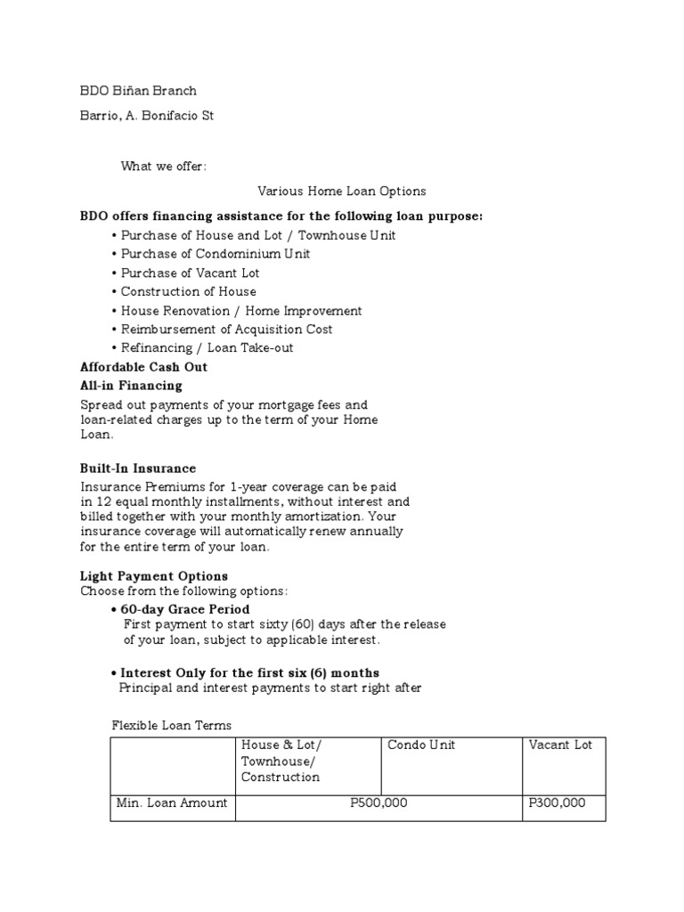 BDO Biñan Branch | Download Free PDF | Loans | Mortgage Loan