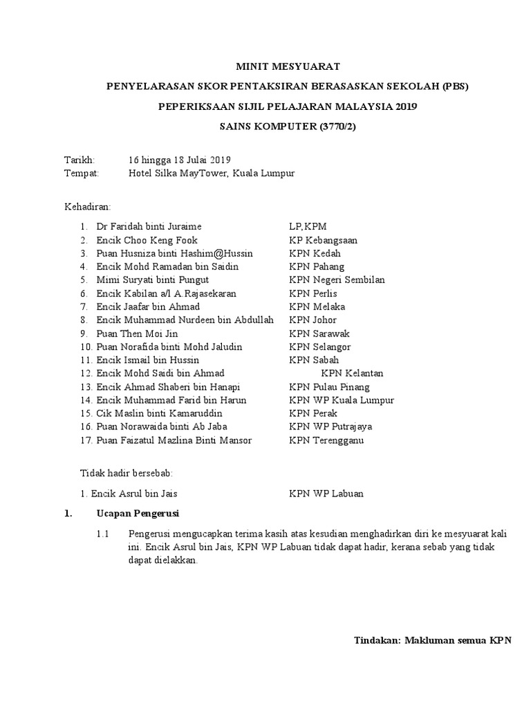 MINIT MESYUARAT Sains Komputer SILKA MAYTOWER - 18julai2019 | PDF