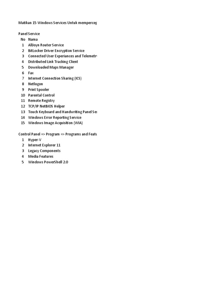 Matikan 15 Windows Services Untuk Mempercepat Komputer | PDF
