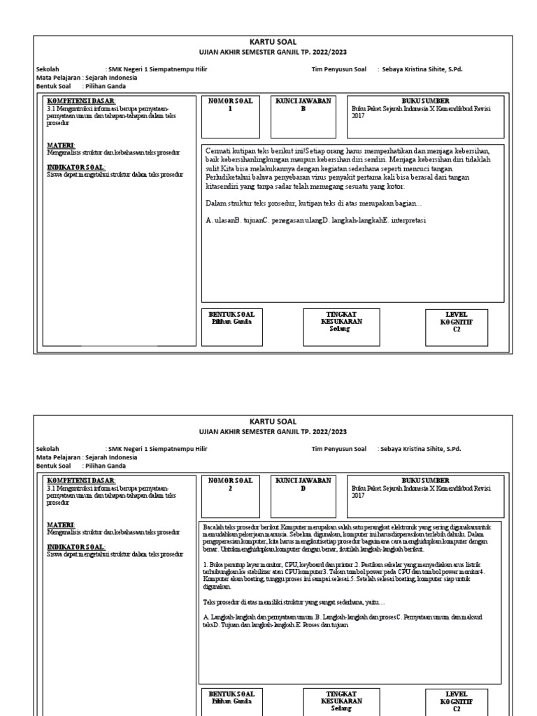 Kartu Soal XI Bahasa Indonesia UAS GANJIL 2022 | PDF