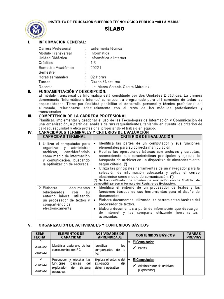 Silabo Informatica 2022-I - ET | PDF | Archivo de computadora | Informática