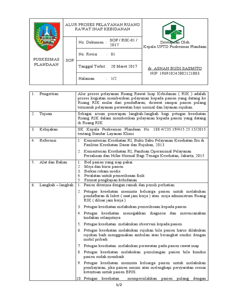 Rik-01 Sop Alur Proses Pelayanan Ruang Rawat Inap Kebidanan | PDF