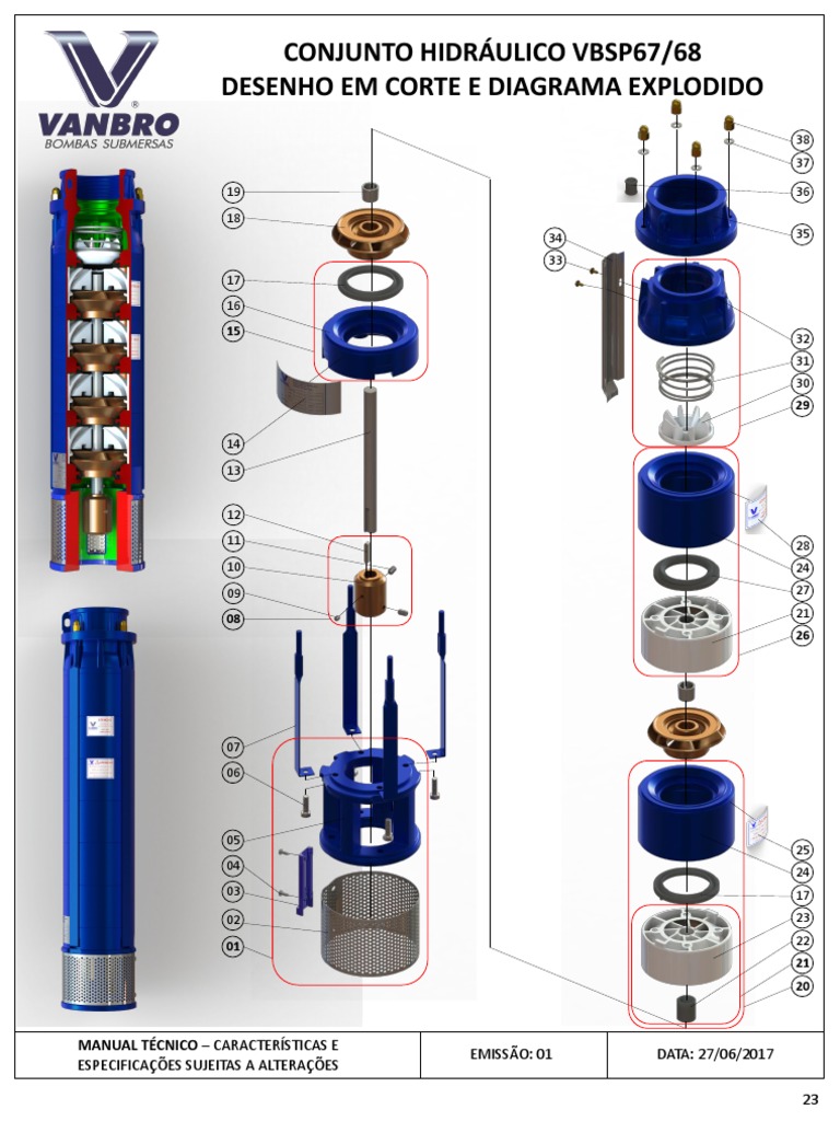 Vista Explodida e Lista de Peças Bomba Submersa Vambro 23-24 Hidráulico ...