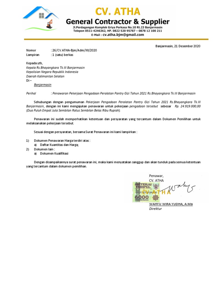 Surat Penawaran Cv. Atha | PDF