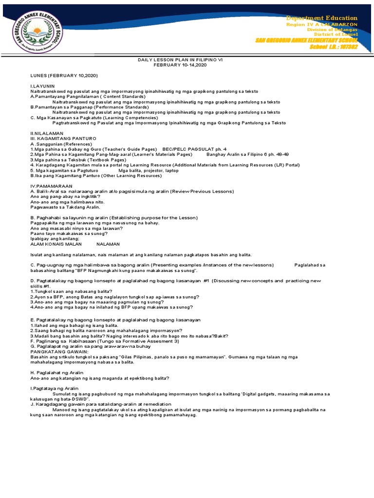 Daily Lesson Plan in Filipino Vi | PDF