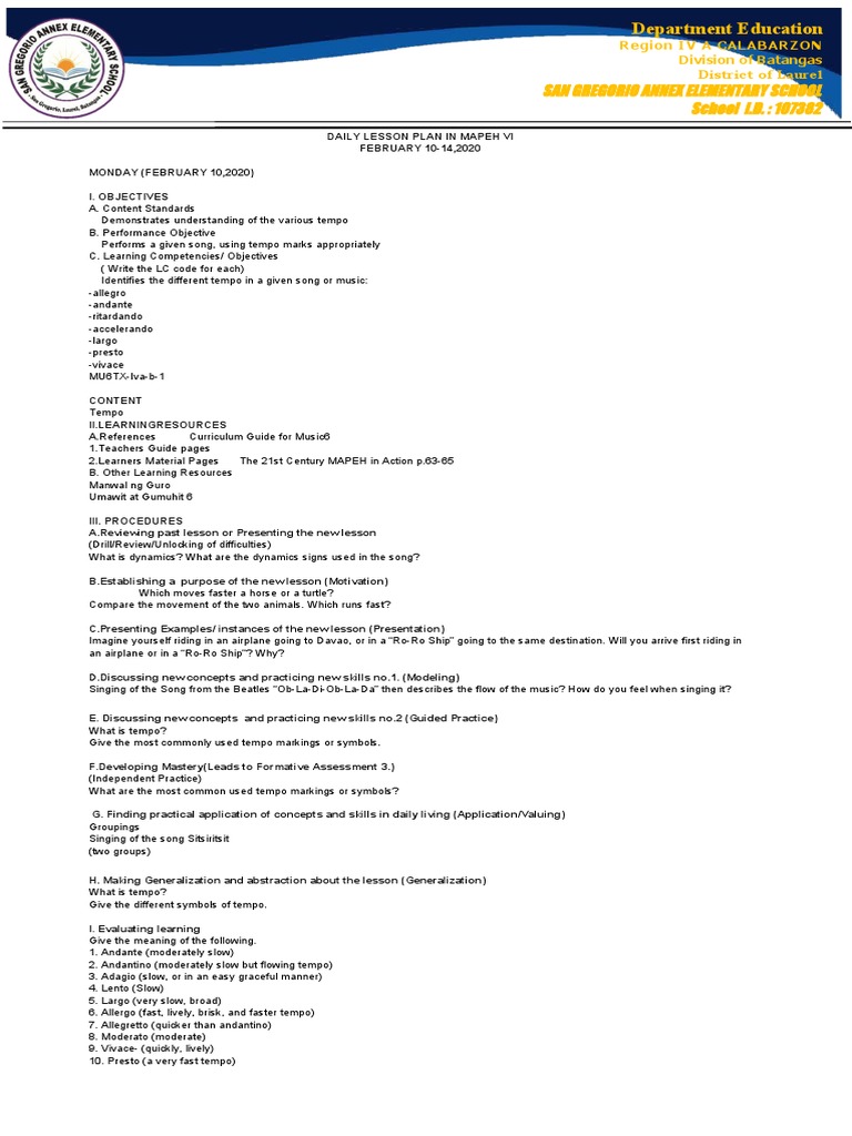 Daily Lesson Plan in Mapeh Vi | PDF | Collage | Tempo