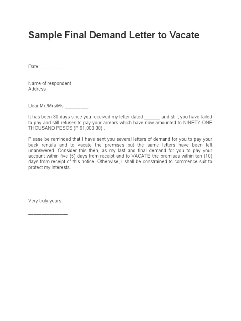 Sample Final Demand Letter To Vacate | PDF | Law