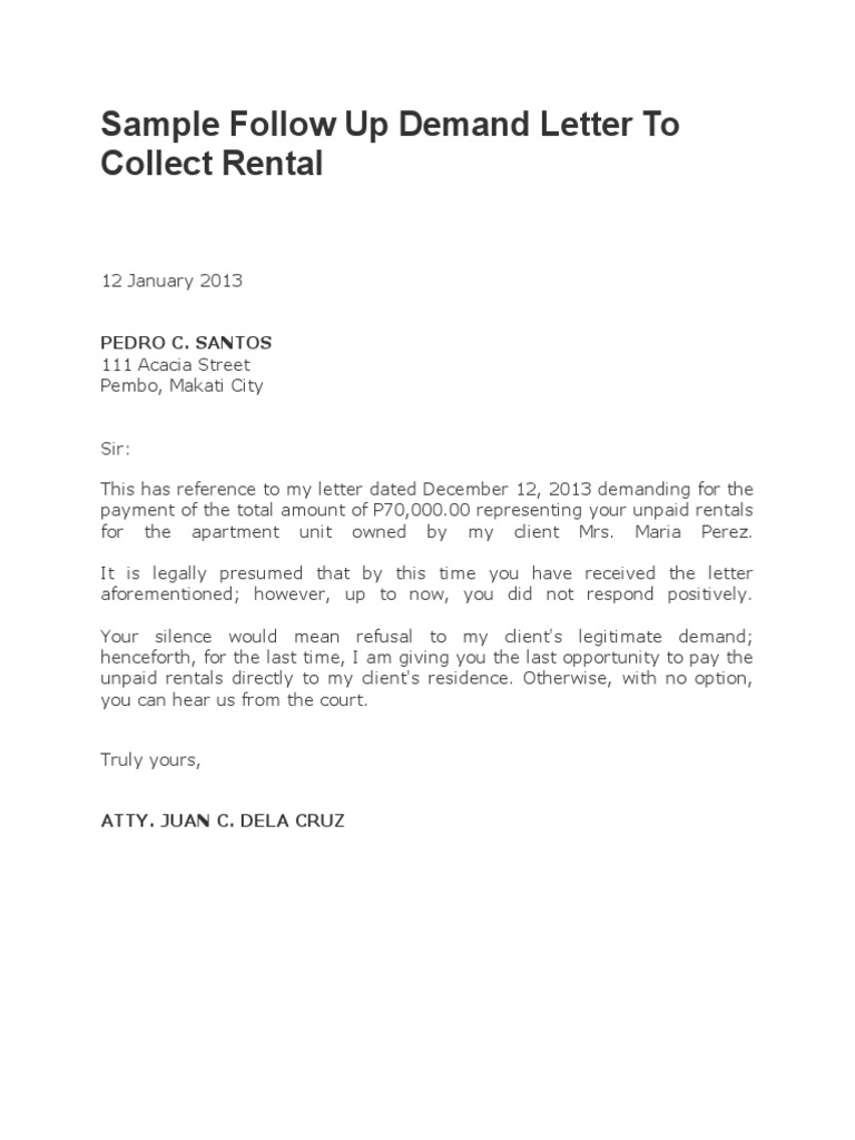 Sample Follow Up Demand Letter To Collect Rental | PDF