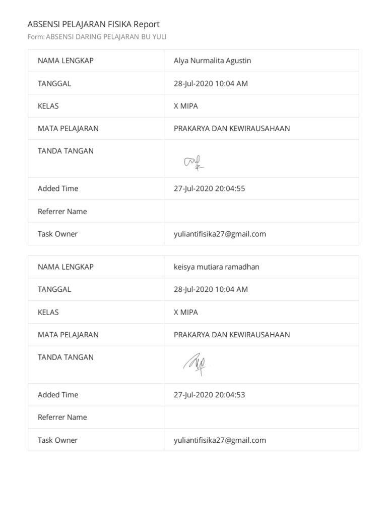 Absensi Daring Pelajaran Bu Yuli Report | PDF