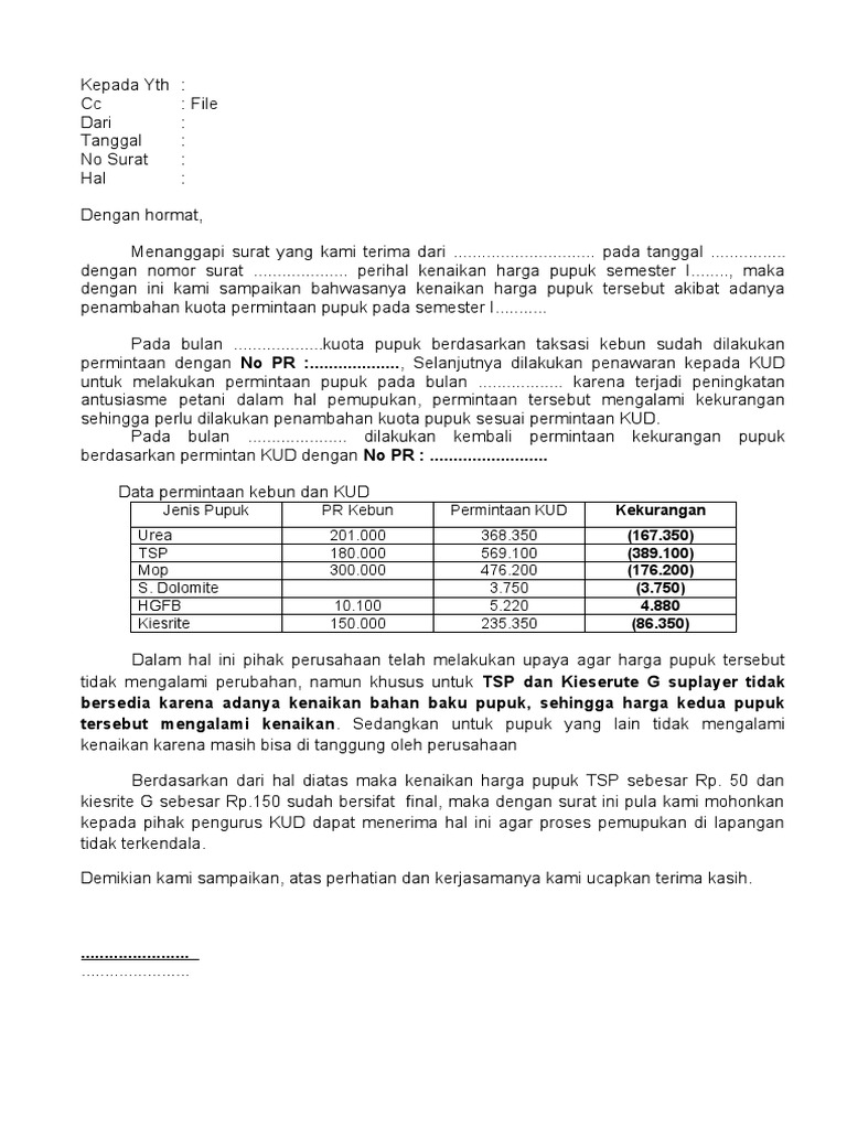 Contoh Surat Pengajuan Pupuk | PDF