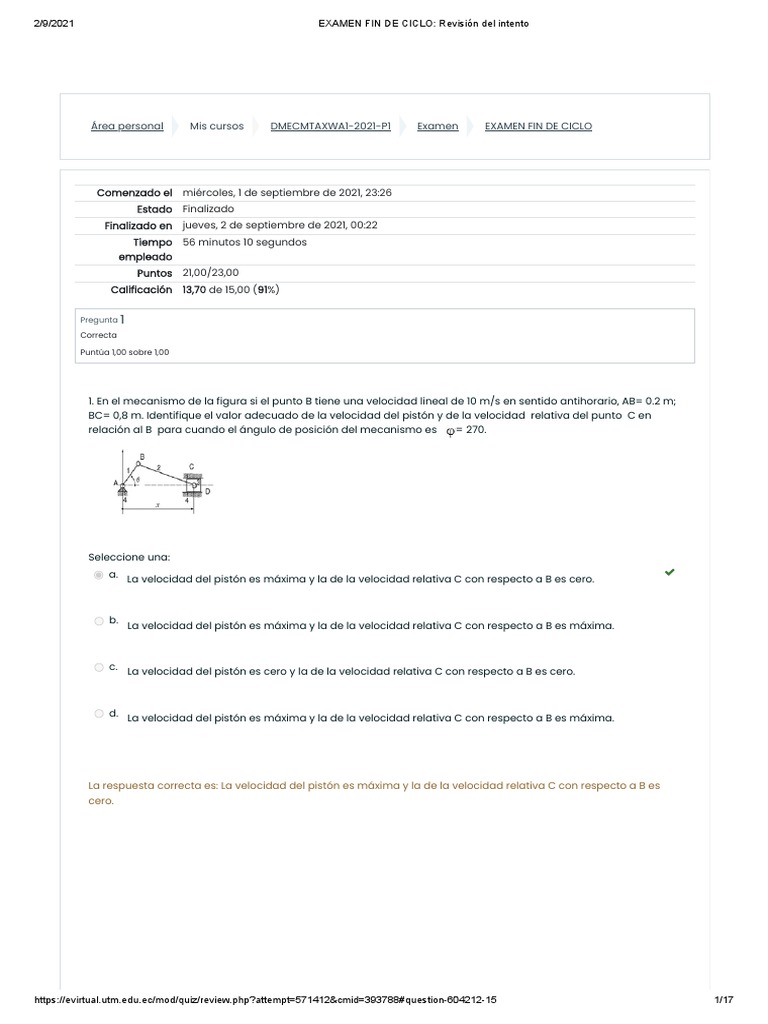 EXAMEN FIN DE CICLO - Revisión Del Intento | PDF | Engranaje | Velocidad