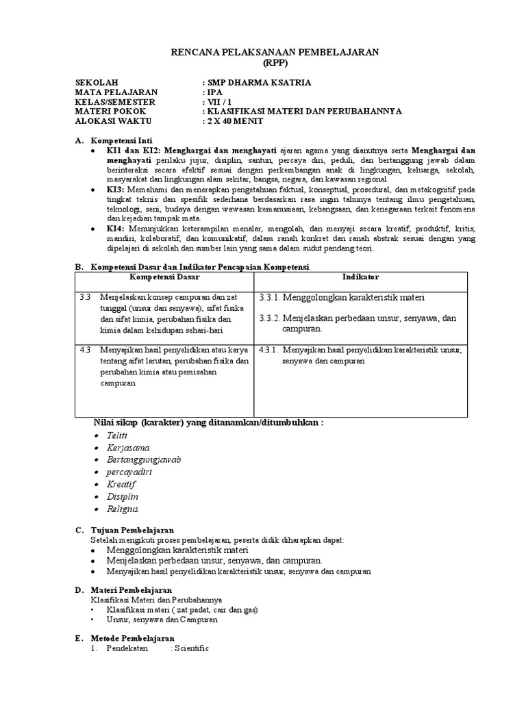 RPP IPA Kelas VII: Klasifikasi Materi | PDF