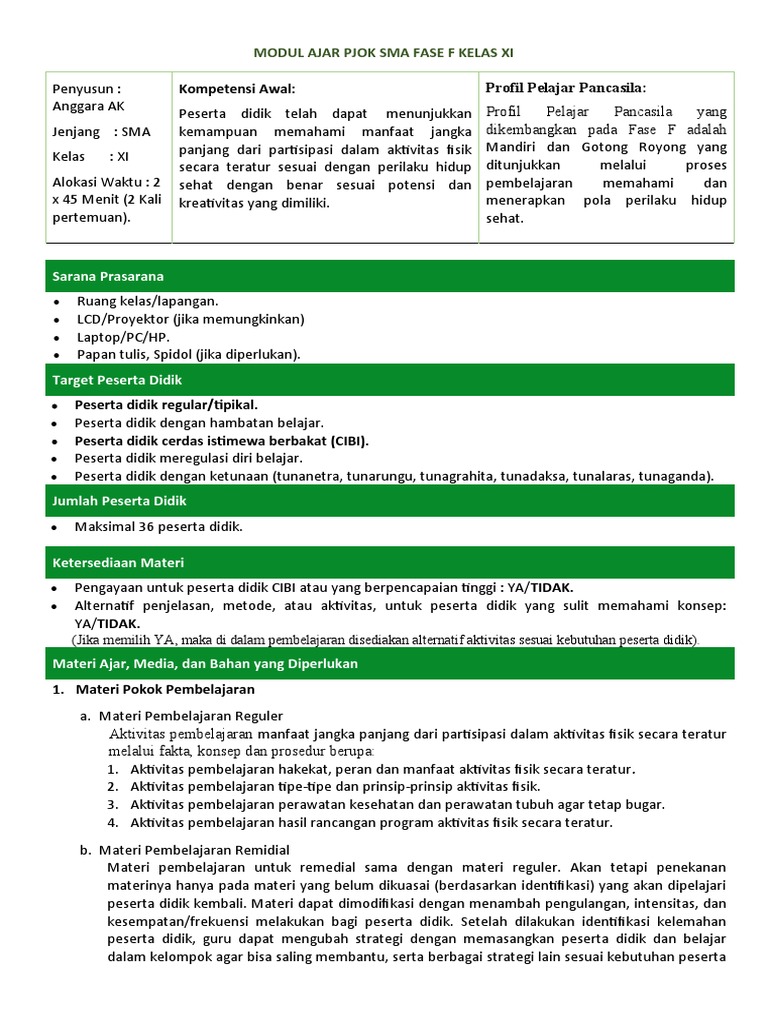 Modul Ajar Pjok Sma Fase F Kelas Xi | PDF