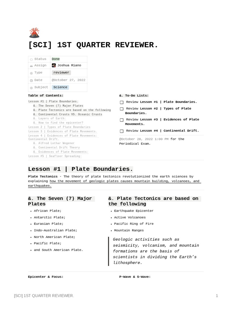 Sci - 1ST - Quarter - Reviewer. (1) - 1 | PDF | Plate Tectonics | Earthquakes