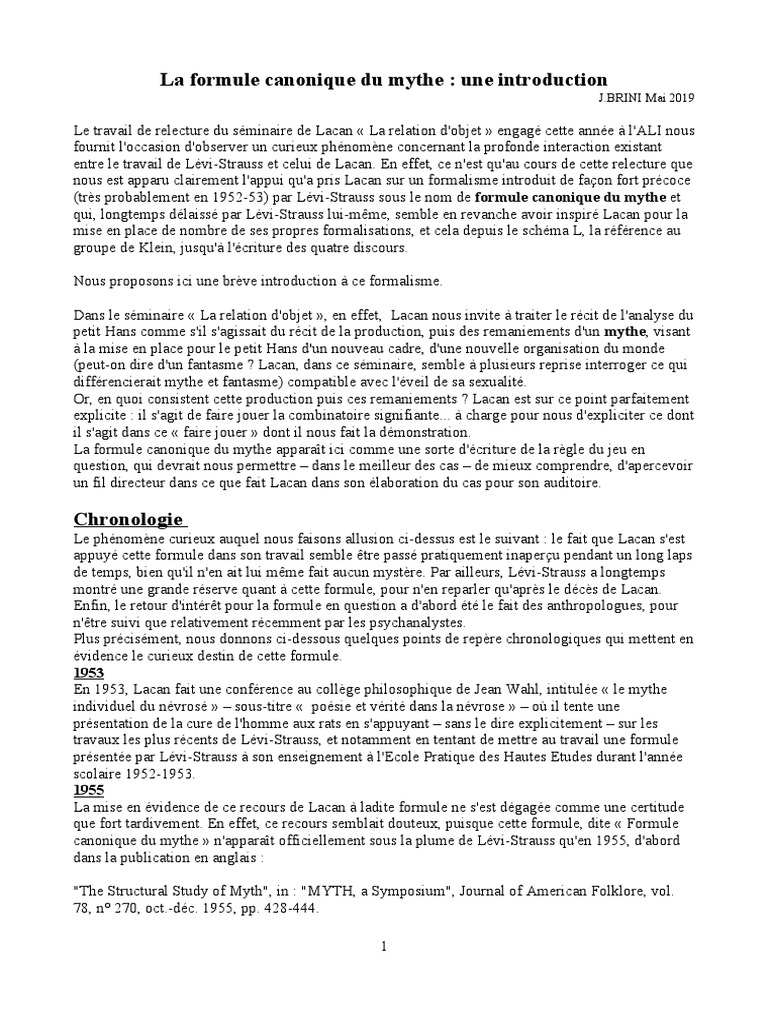 La Formule Canonique Du Mythe: Une Introduction: J.BRINI Mai 2019 | PDF ...