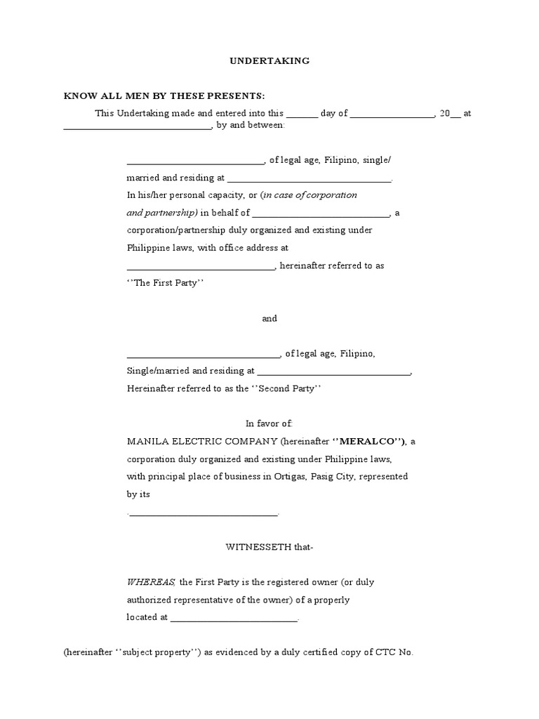 UNDERTAKING Meralco | PDF | Due Process | Legal Liability