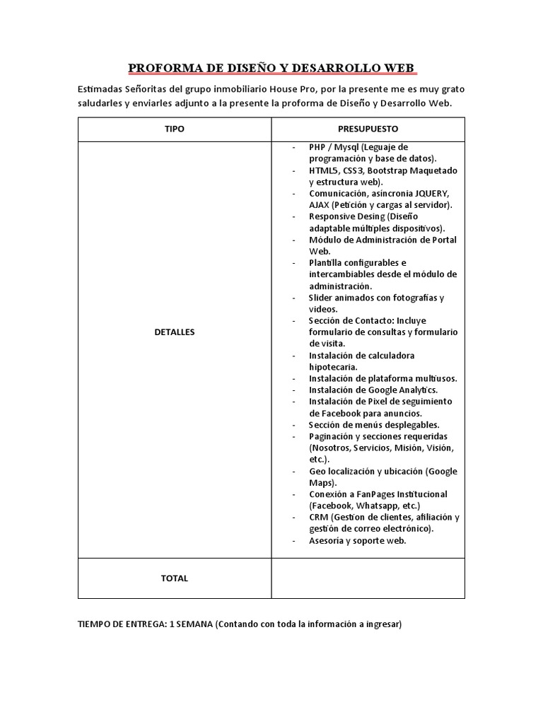 Proforma de Diseño y Desarrollo Web | PDF | Red mundial | Internet y web