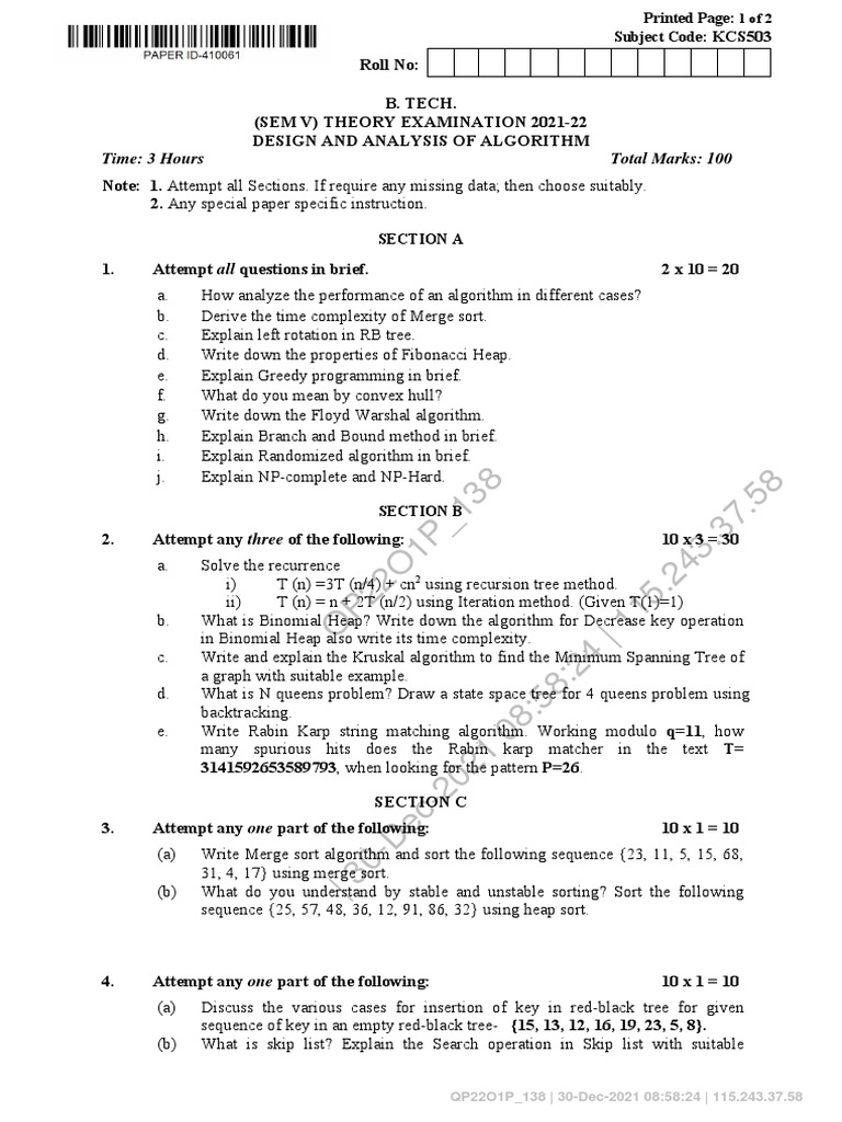 Btech Cs 5 Sem Design and Analysis of Algorithm Kcs503 2022 | PDF | Computational Complexity ...