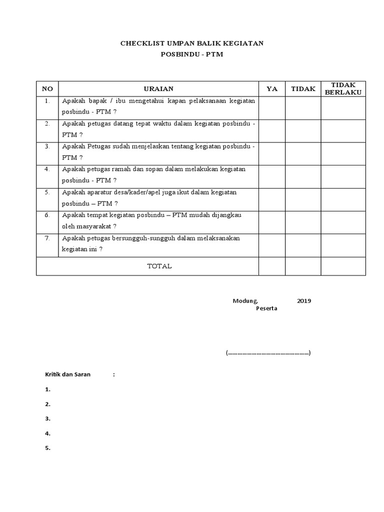 Checklist Umpan Balik Kegiatan | PDF