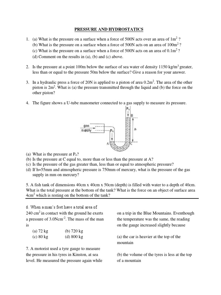 Hydrostatics and Pressure Problems | PDF | Pressure | Pressure Measurement