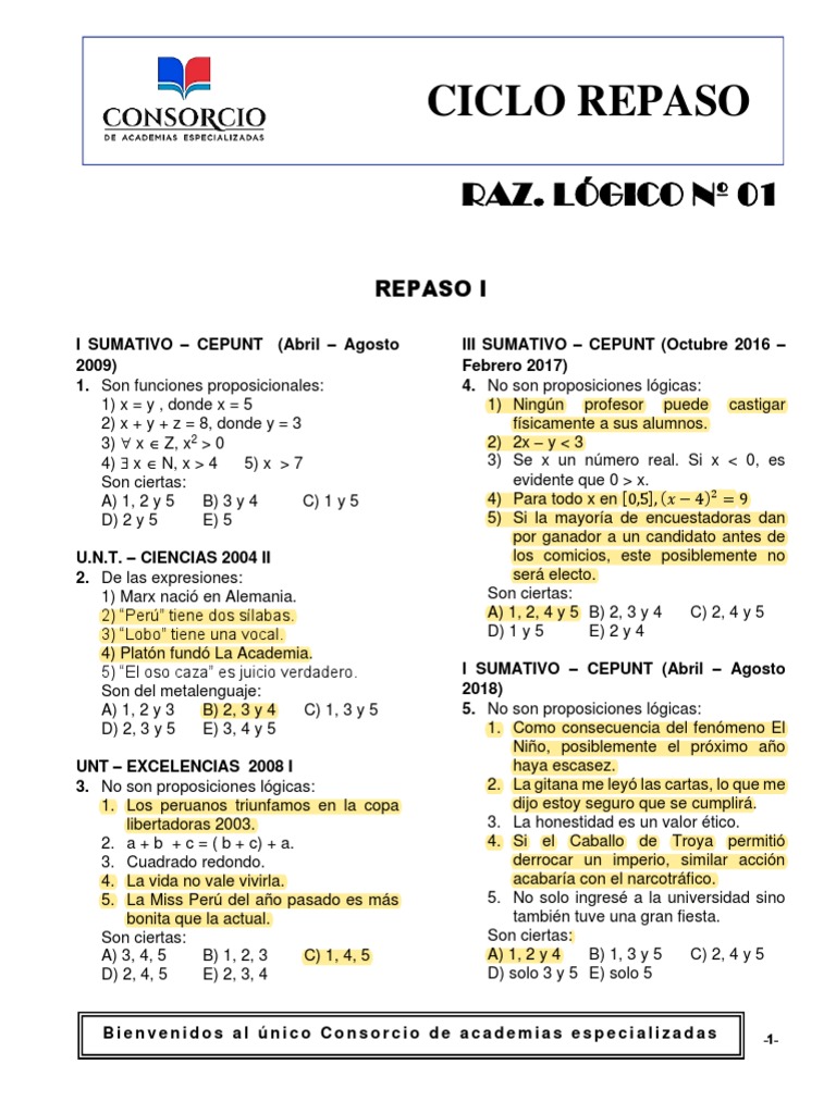 Raz. Log. (01) Repaso I 14-09-22 | PDF | Lógica | Proposición