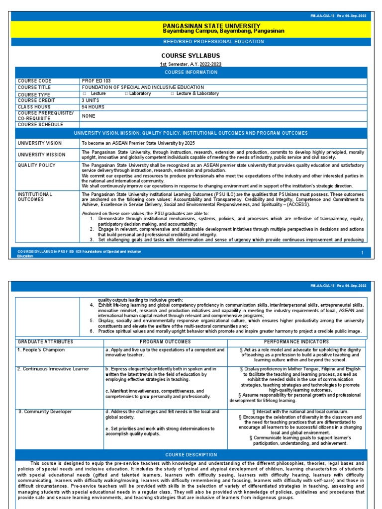 Syllabus for Prof Ed 103: Special Education | PDF | Learning | Teaching ...