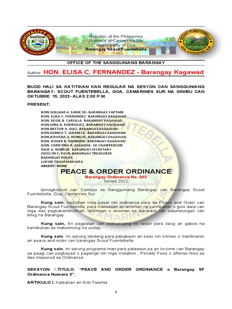 Barangay SF Ordinance No.3-Peace&order-0rdinance | PDF