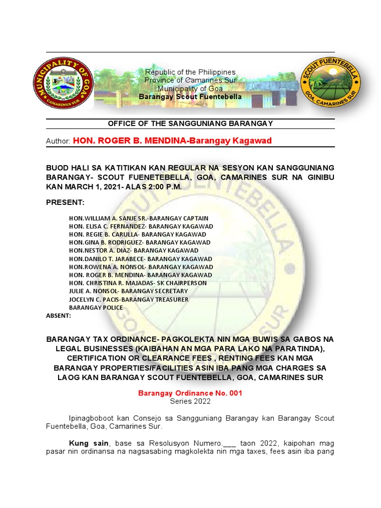 Barangay SF Ordinance No.1 | PDF